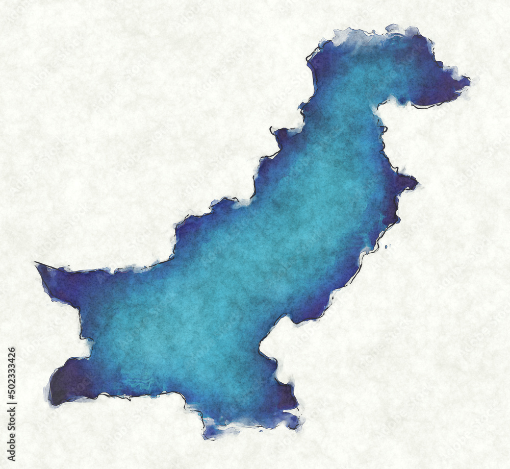 Pakistan map with drawn lines and blue watercolor illustration Stock ...