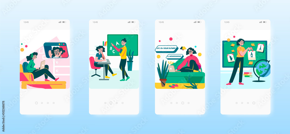 Language learning. Video call. Online education. Mobile app screens ...