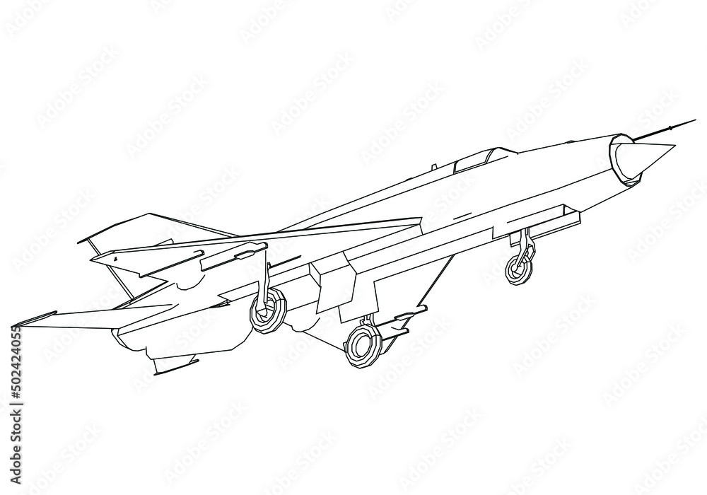 Military fighter jet icon in outline style isolated on white background ...