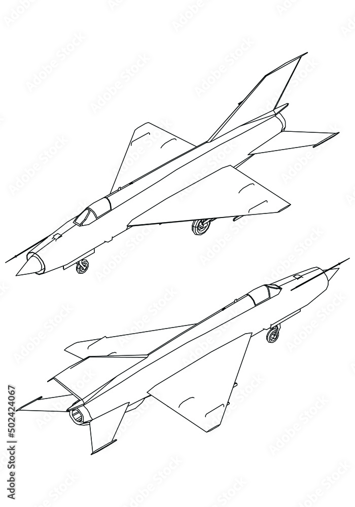 Military fighter jet icon in outline style isolated on white background ...