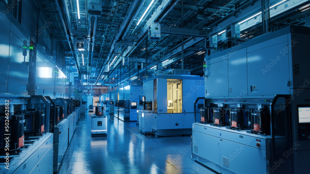 Wide Shot Inside Advanced Semiconductor Production Fab Cleanroom with ...