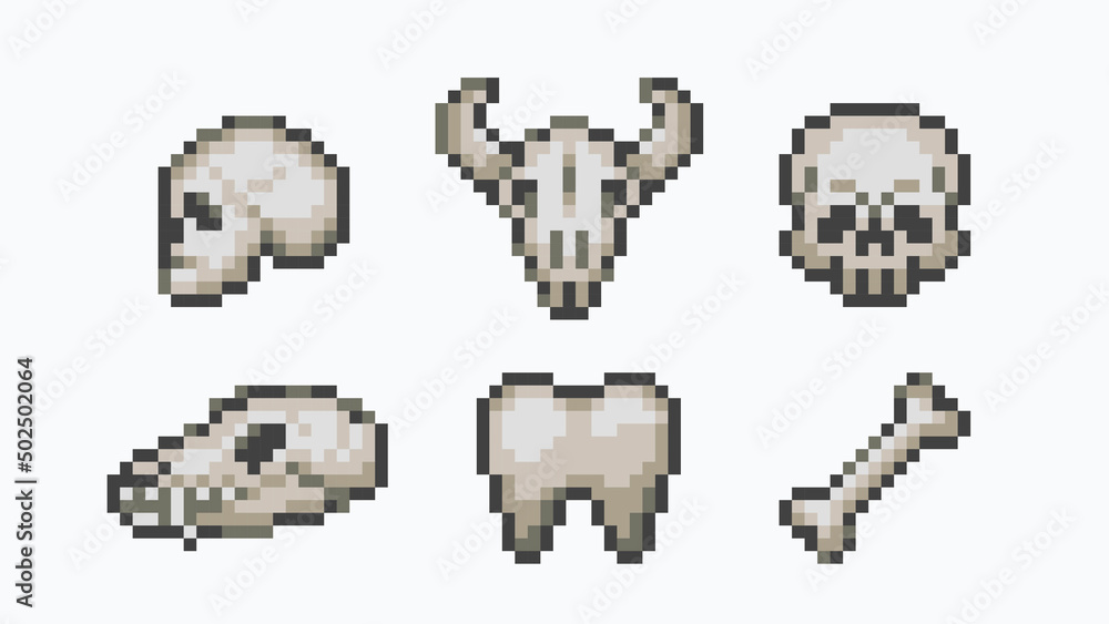 Animal and human skulls pixel art set. Different bones collection. 8 ...