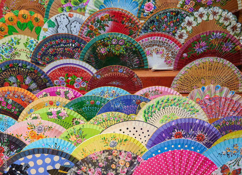 Spanish hand fans made by local artisan, painted by hand are on sale in ...
