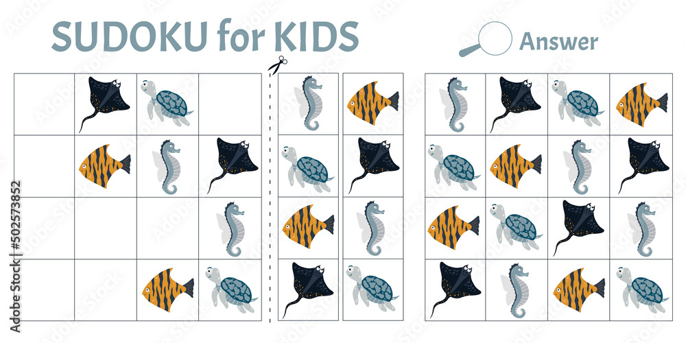 Sudoku game for kids with pictures of sea animals. Children's activity ...