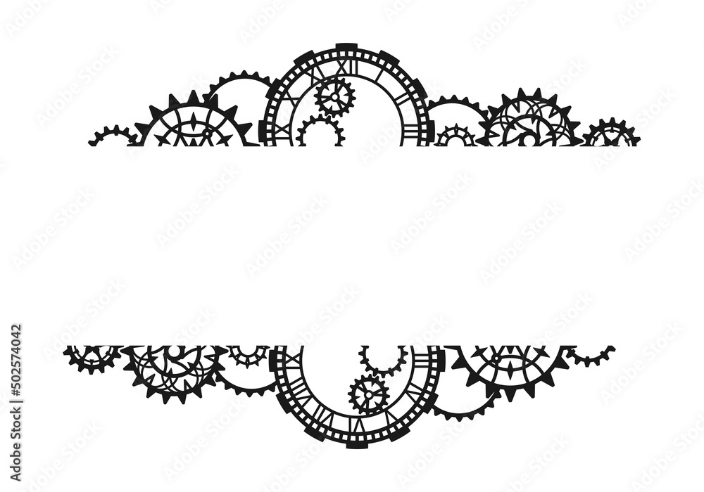 Vintage black border made of clock, different gears and cogwheels on a ...