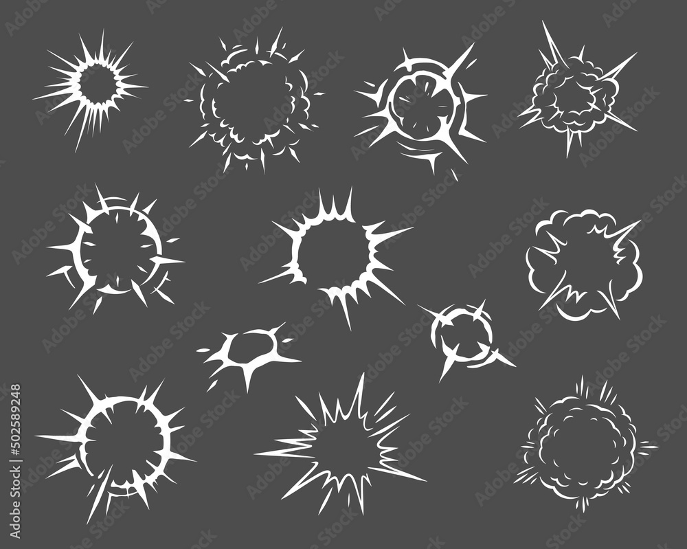 Cartoon spark and explosion effect set. Vector comic boom blast clouds ...