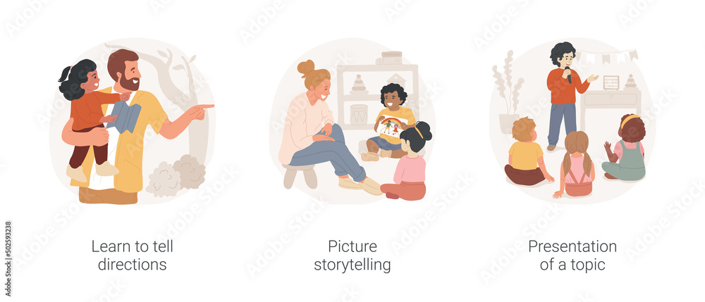 Kids communication skills isolated cartoon vector illustration set ...