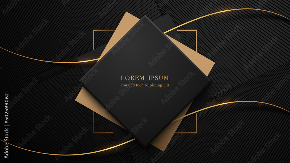 Gold square frames and golden lines with line stripes on abstract black ...