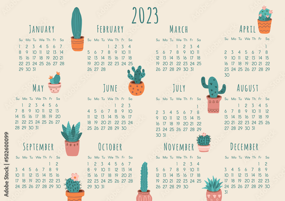 2023 calendar template with colorful cactus illustrations. Week starts ...