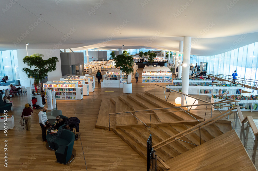 Helsinki, Finland, december 2021. Interior of the Oodi central library ...