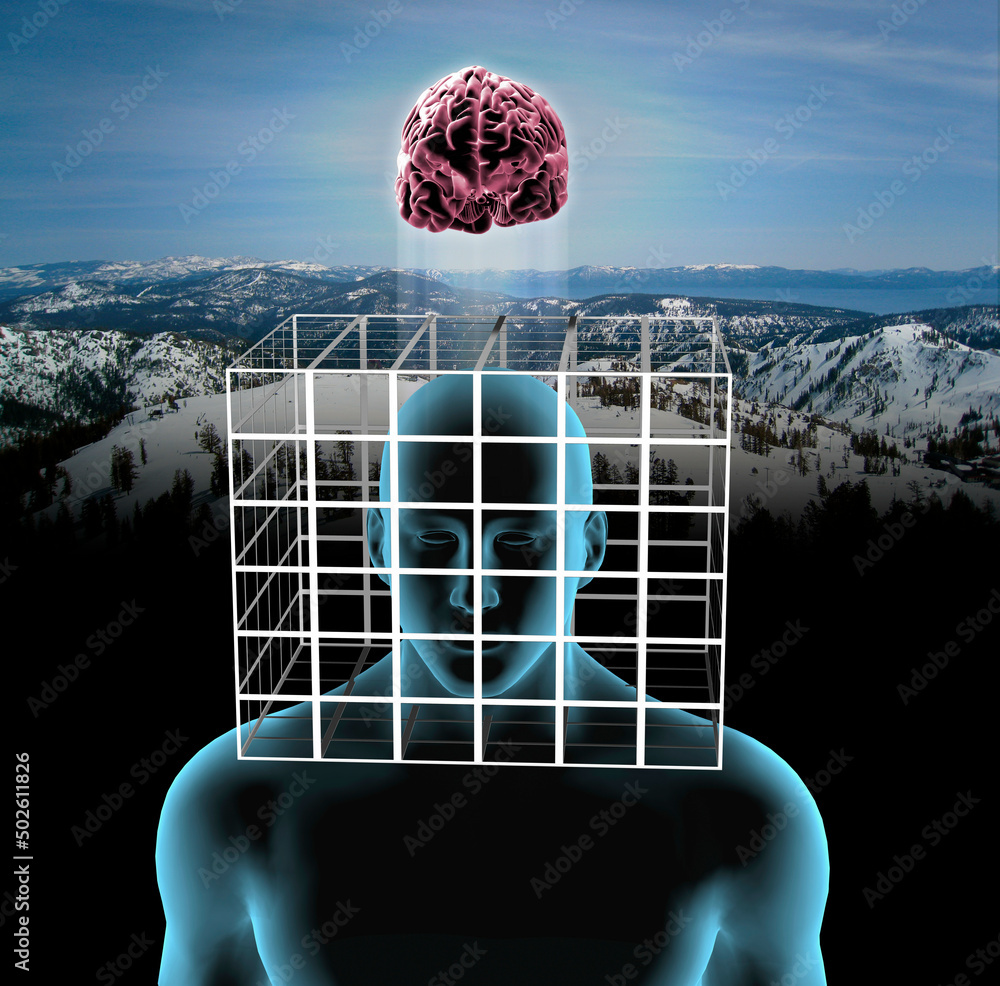 Thinking Outside The Box - Digital image of man with head in box and ...