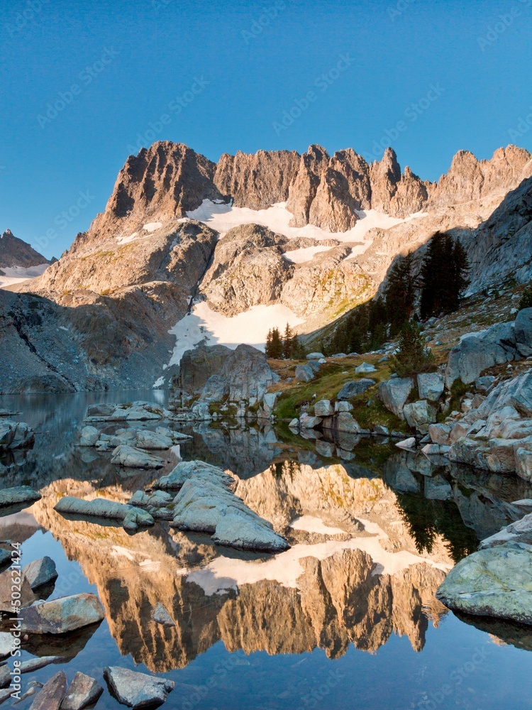 Reflection of minarets in a lake, Iceberg Lake, Ansel Adams Wilderness ...