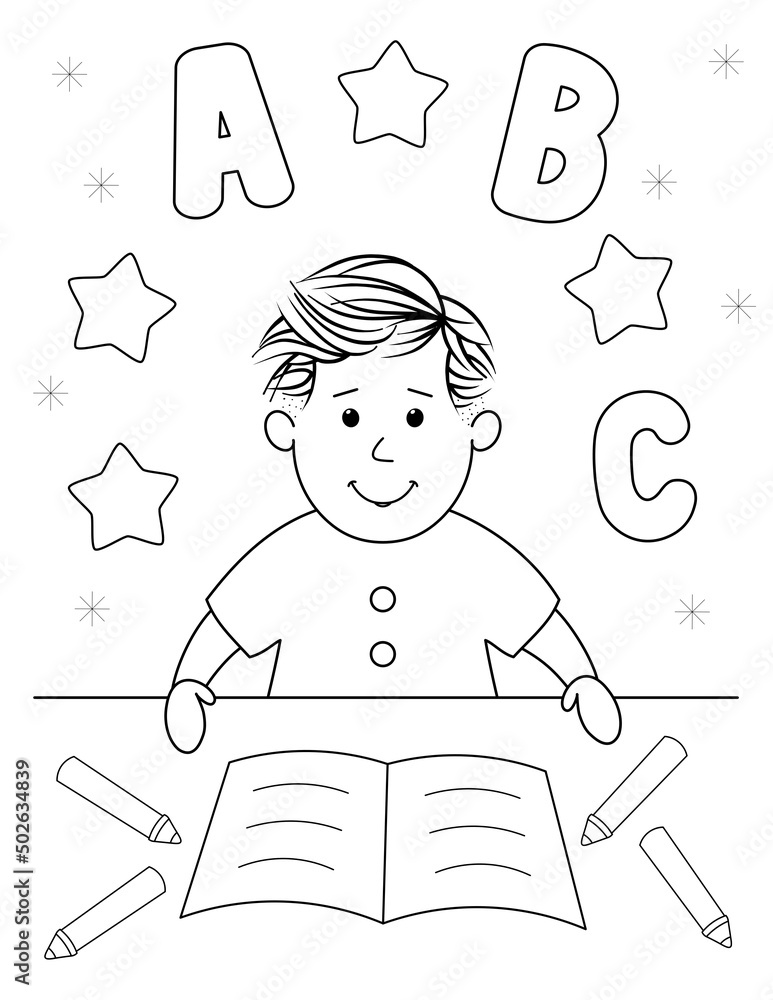 cute little boy studying the abc. black outline design with stars ...