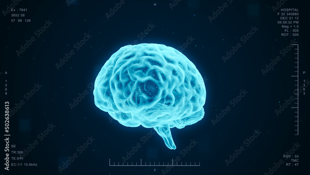 Human brain medical diagnosis interface, futuristic ct scan hologram science and research ...