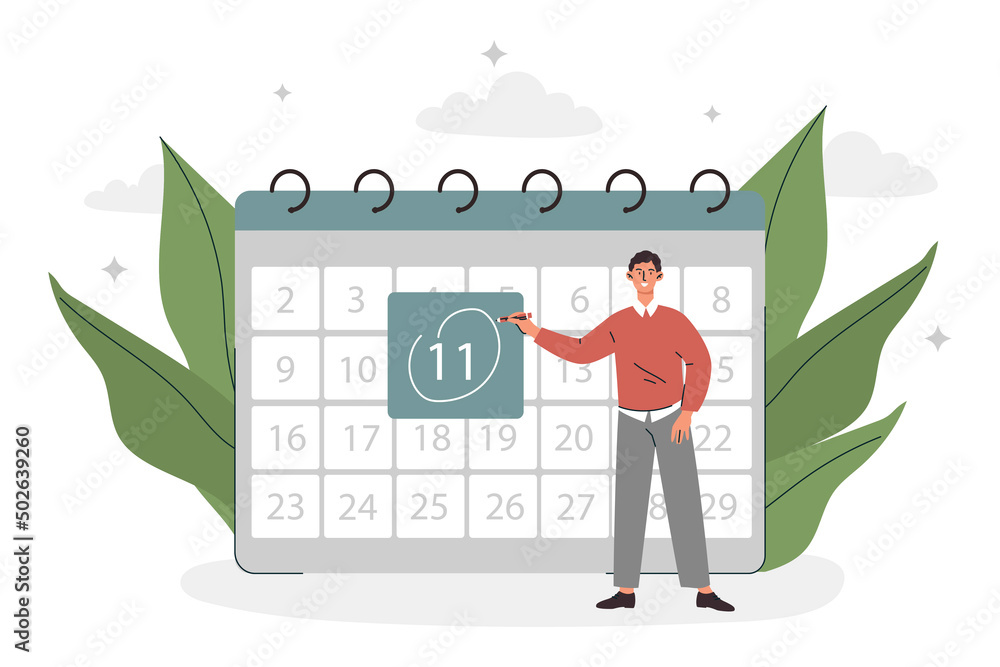 Man creates calendar. Planning and time management, responsible ...