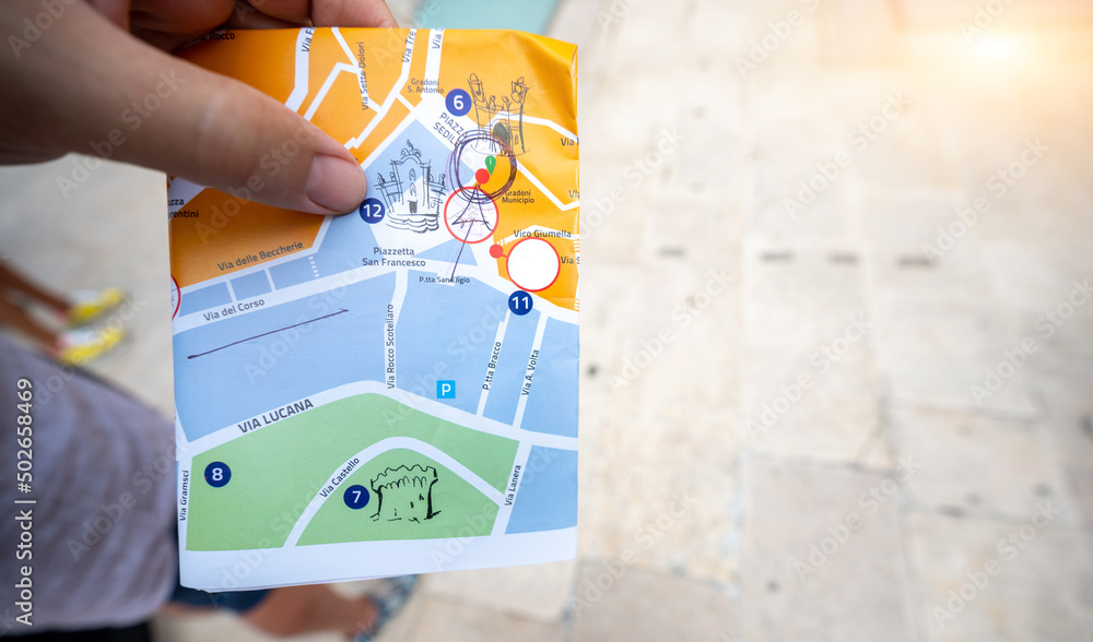 Matera, Basilicata, Italy. August 2021. Close-up image on a tourist map ...