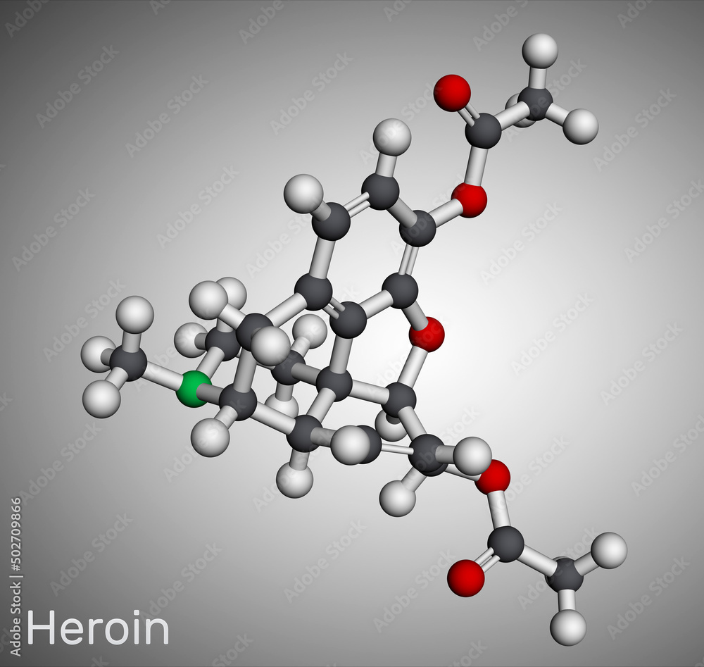 Heroin, diacetylmorphine, diamorphine molecule. It is opioid, narcotic ...