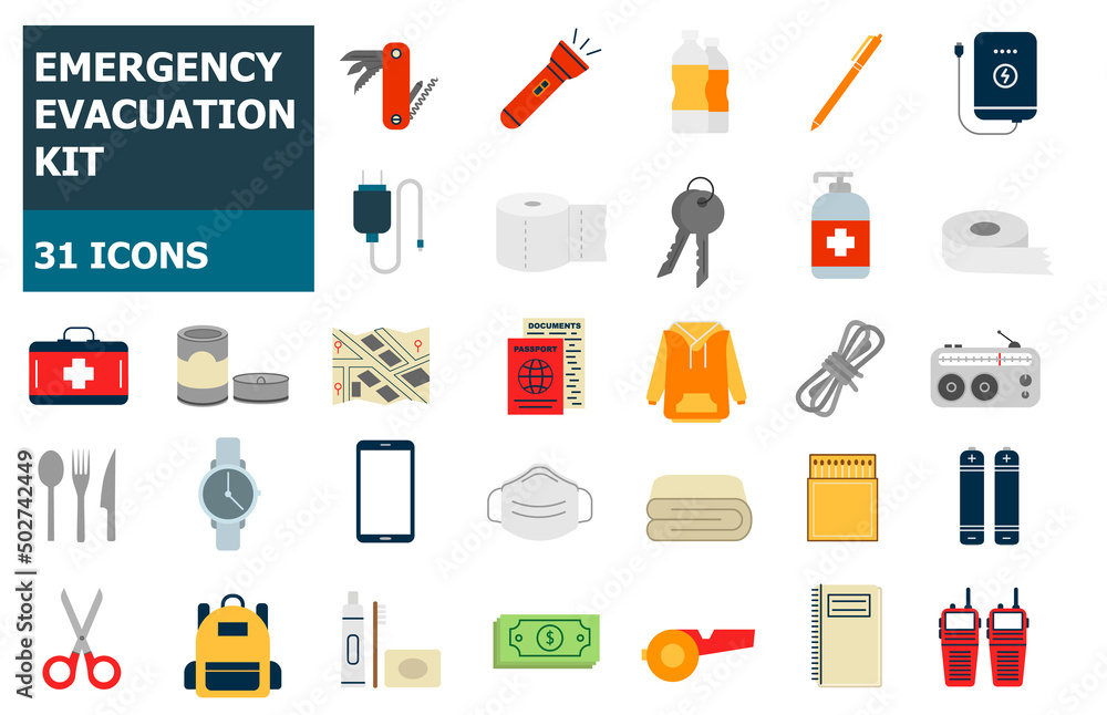 Vector objects set on white background of survival emergency kit for ...