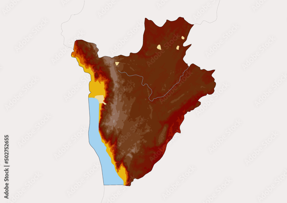 High detailed vector Burundi physical map, topographic map of Burundi on white with rivers ...
