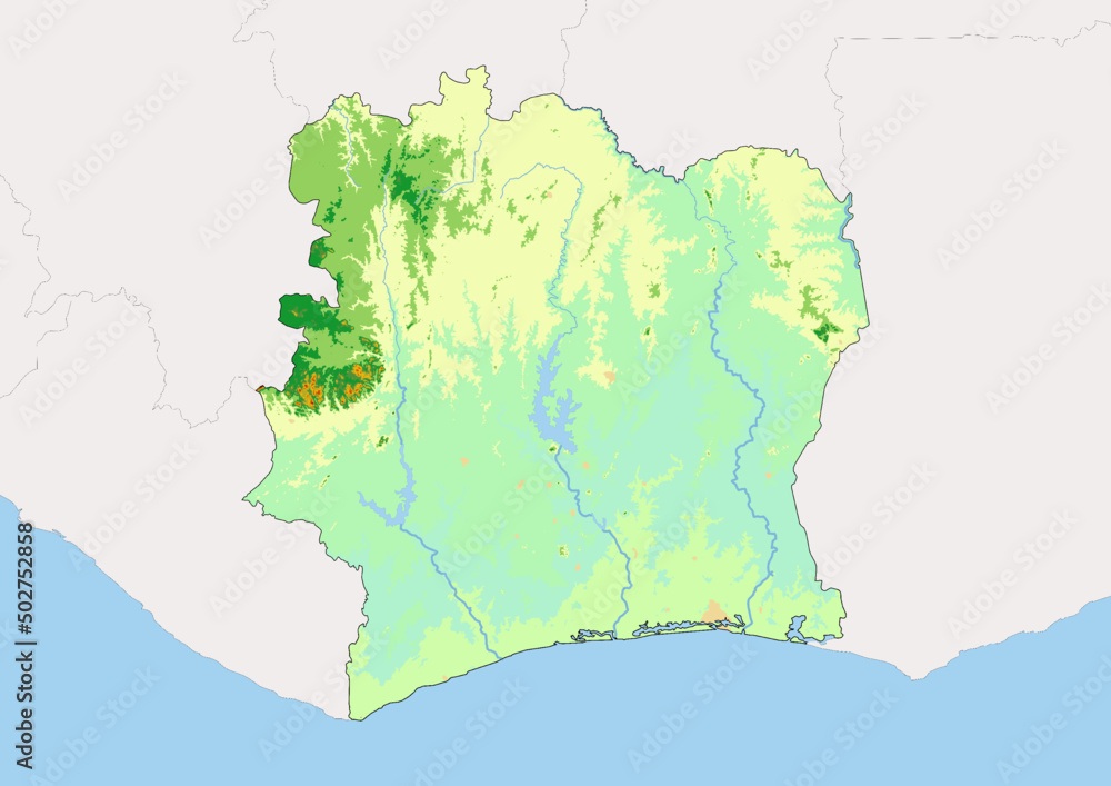 High detailed vector Ivory Coast physical map, topographic map of Ivory ...