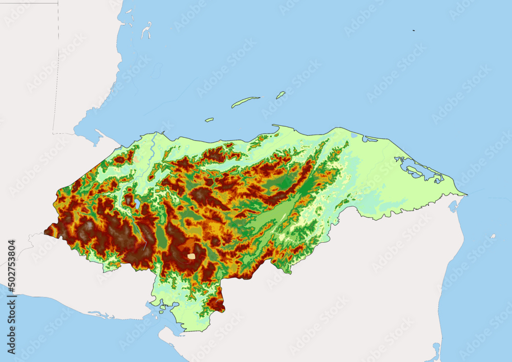 High detailed vector Honduras physical map, topographic map of Honduras on white with rivers ...