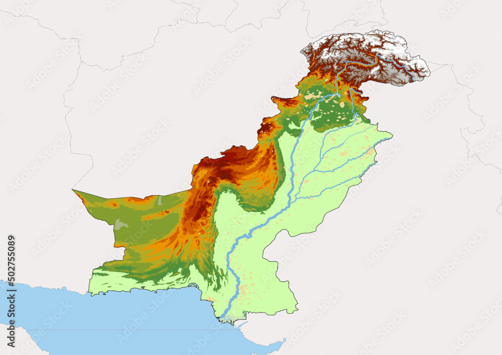 High detailed vector Pakistan physical map, topographic map of Pakistan ...