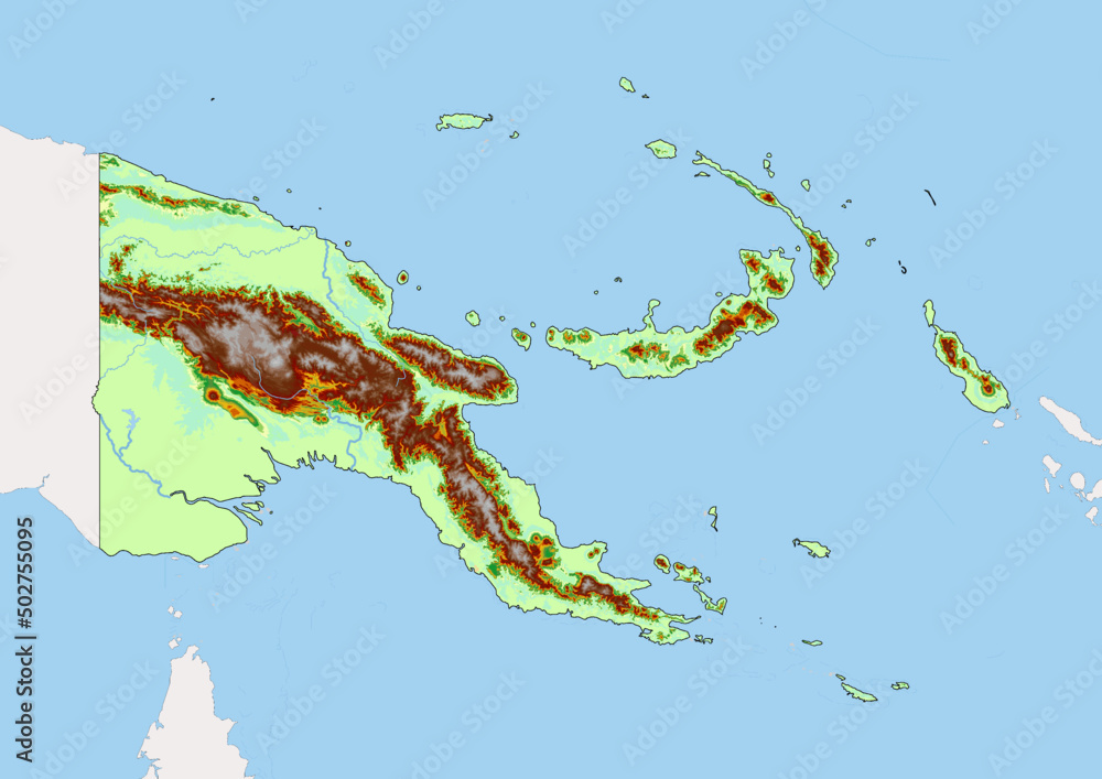 High detailed vector Papua New Guinea physical map, topographic map of ...