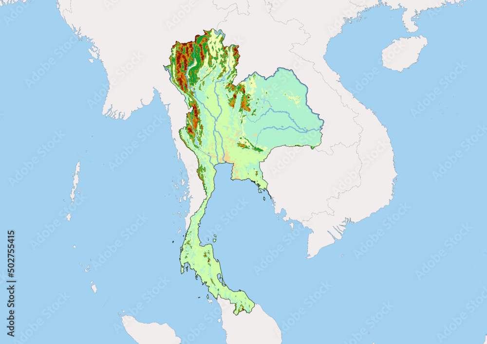 High detailed vector Thailand physical map, topographic map of Thailand ...