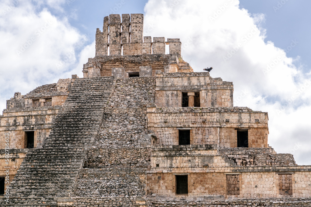 Bird sitting on the top of Edzna pyramid (The Temple of Five Stories ...