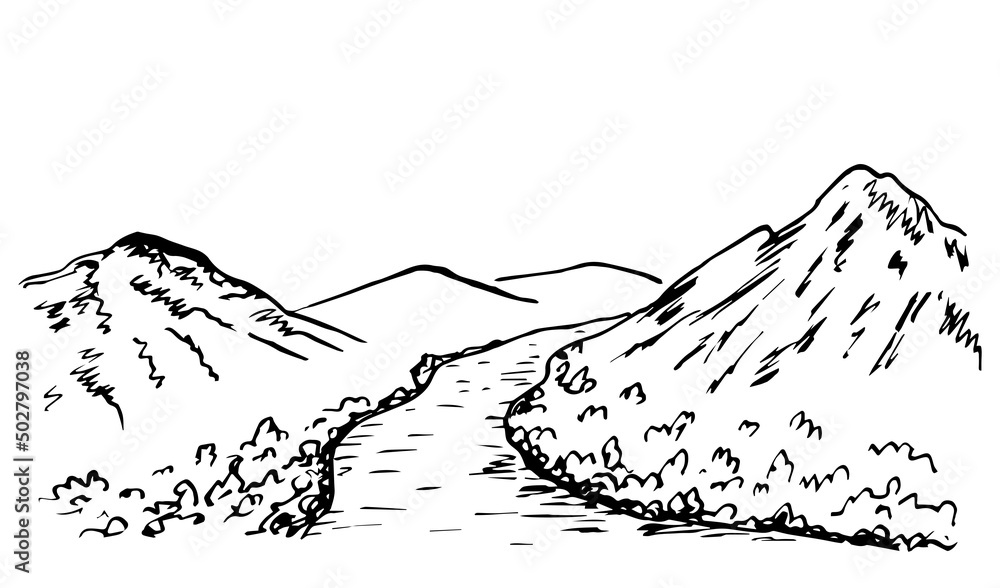 Simple black outline vector drawing. Mountain landscape, wild nature ...