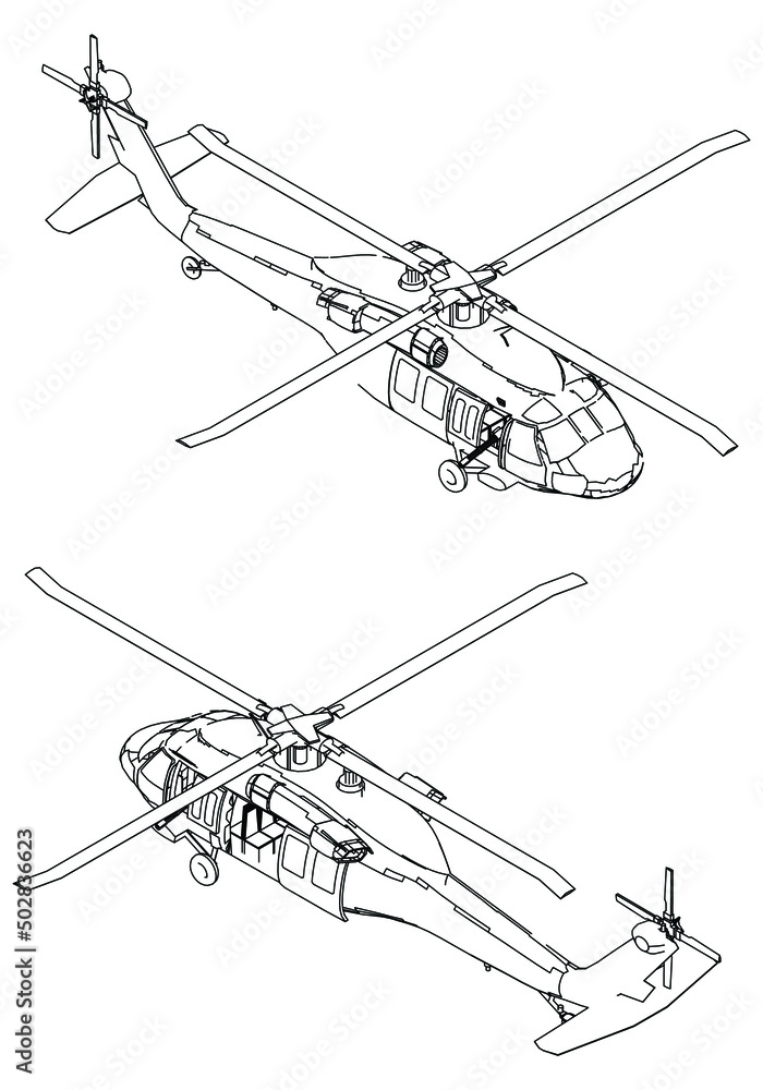 Military helicopter drawing line art vector illustration. Cartoon ...