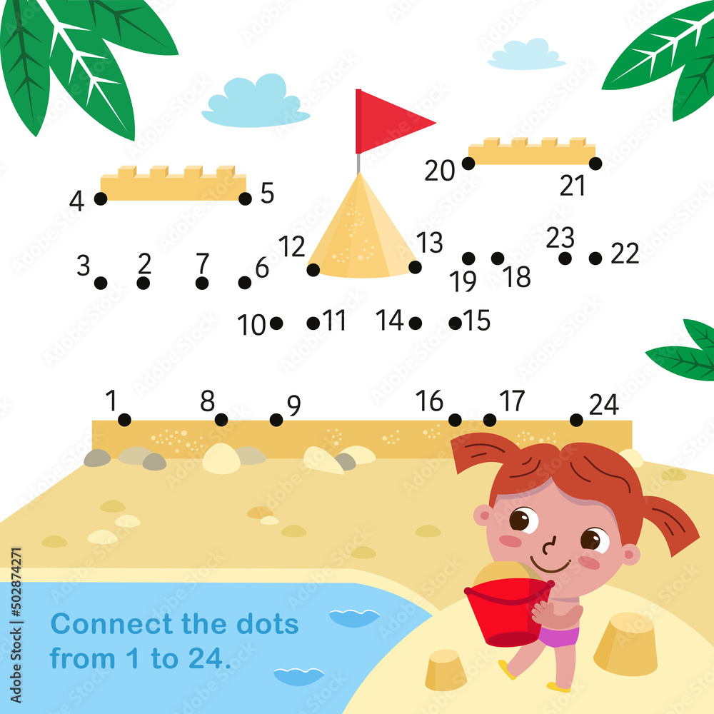 Connect dots from 1 to 24. Educational game. Sand castle on beach ...