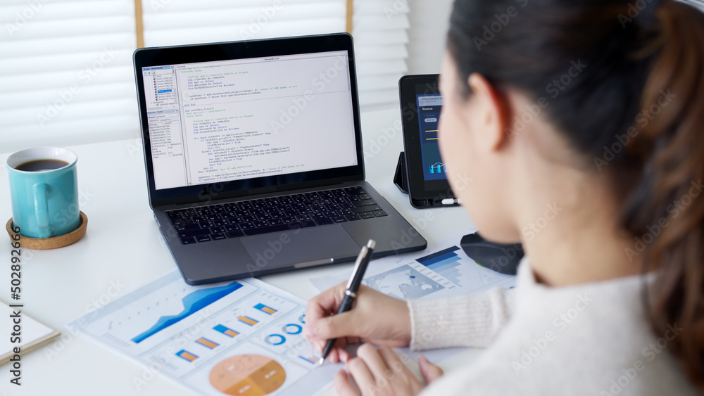 Back rear view of young asian woman, freelance data scientist work ...