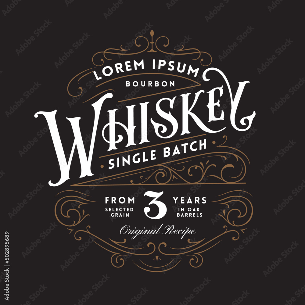Vintage Whiskey Label Logo with Fancy Lettering and Ornate Flourished ...