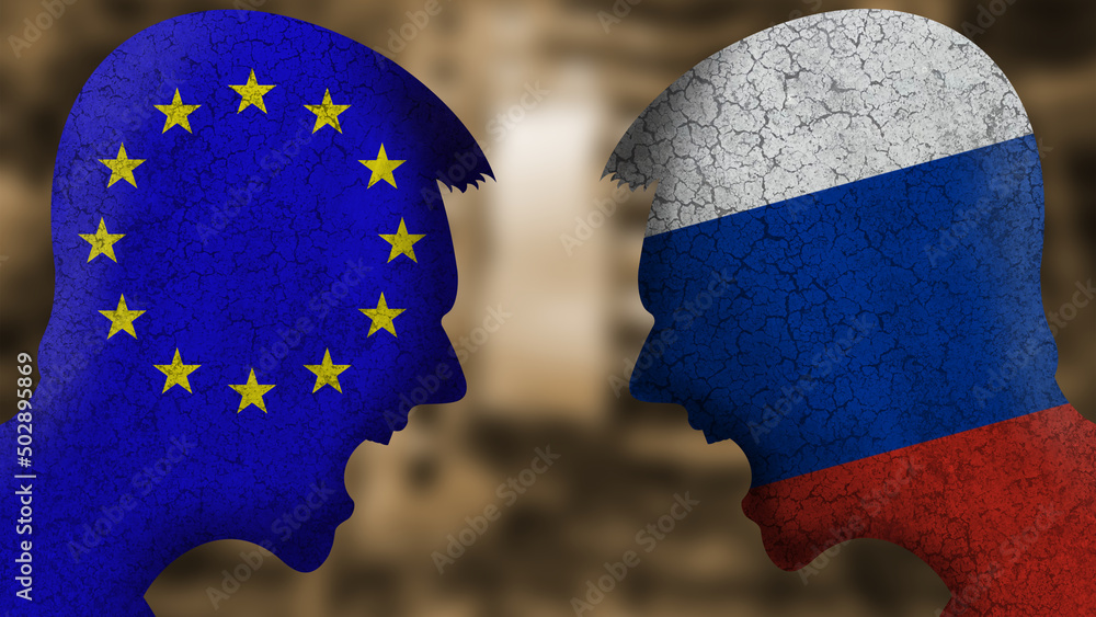 Russia vs versus Europe. Two angry faces with the flag of the country ...