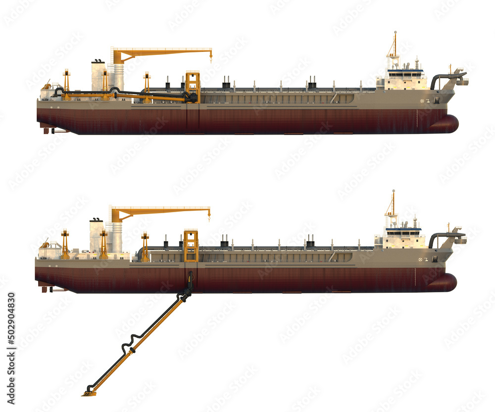 Hopper dredger. Two images with a folded and unfolded a suction pipe ...