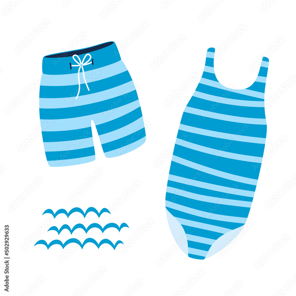 Blue striped children's swimwear and beach shorts. Flat vector cartoon ...