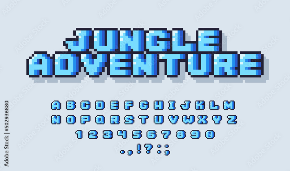 Pixel alphabet font. Retro 8-bit video game typeface design, blue ...