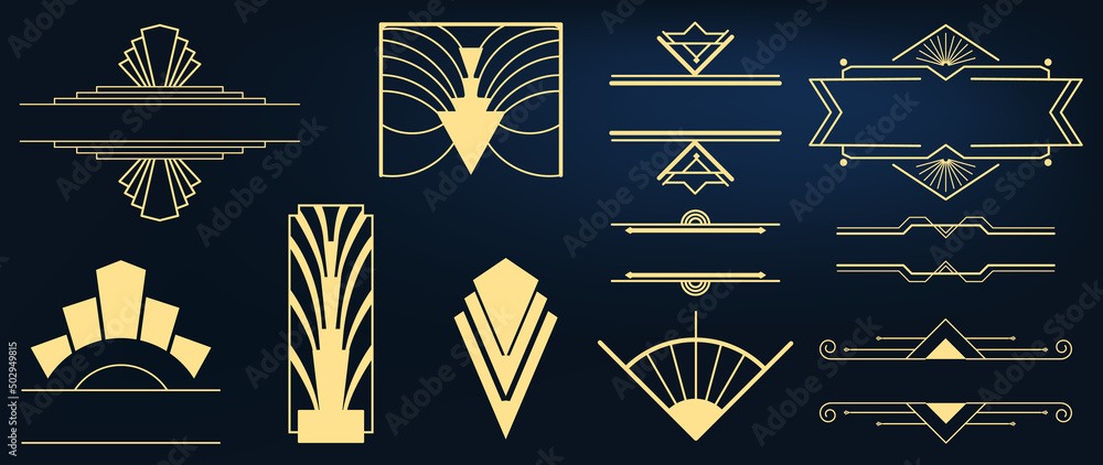 Collection of geometric art deco ornament. Luxury golden decorative ...