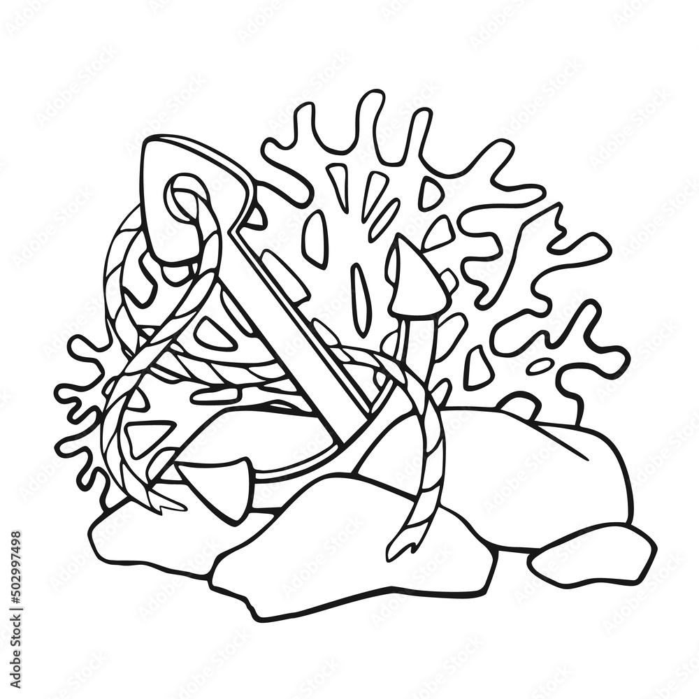 Coloring page with outline drawing of pirate anchor with coral. Vector ...