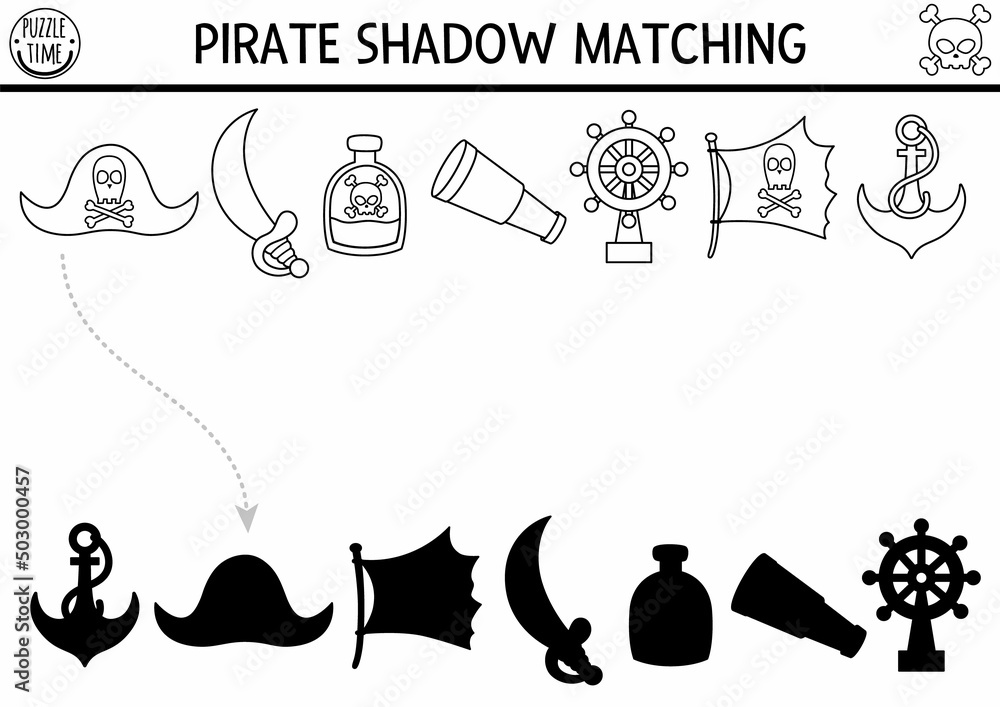 Image vectorielle Stock Pirate black and white shadow matching activity ...
