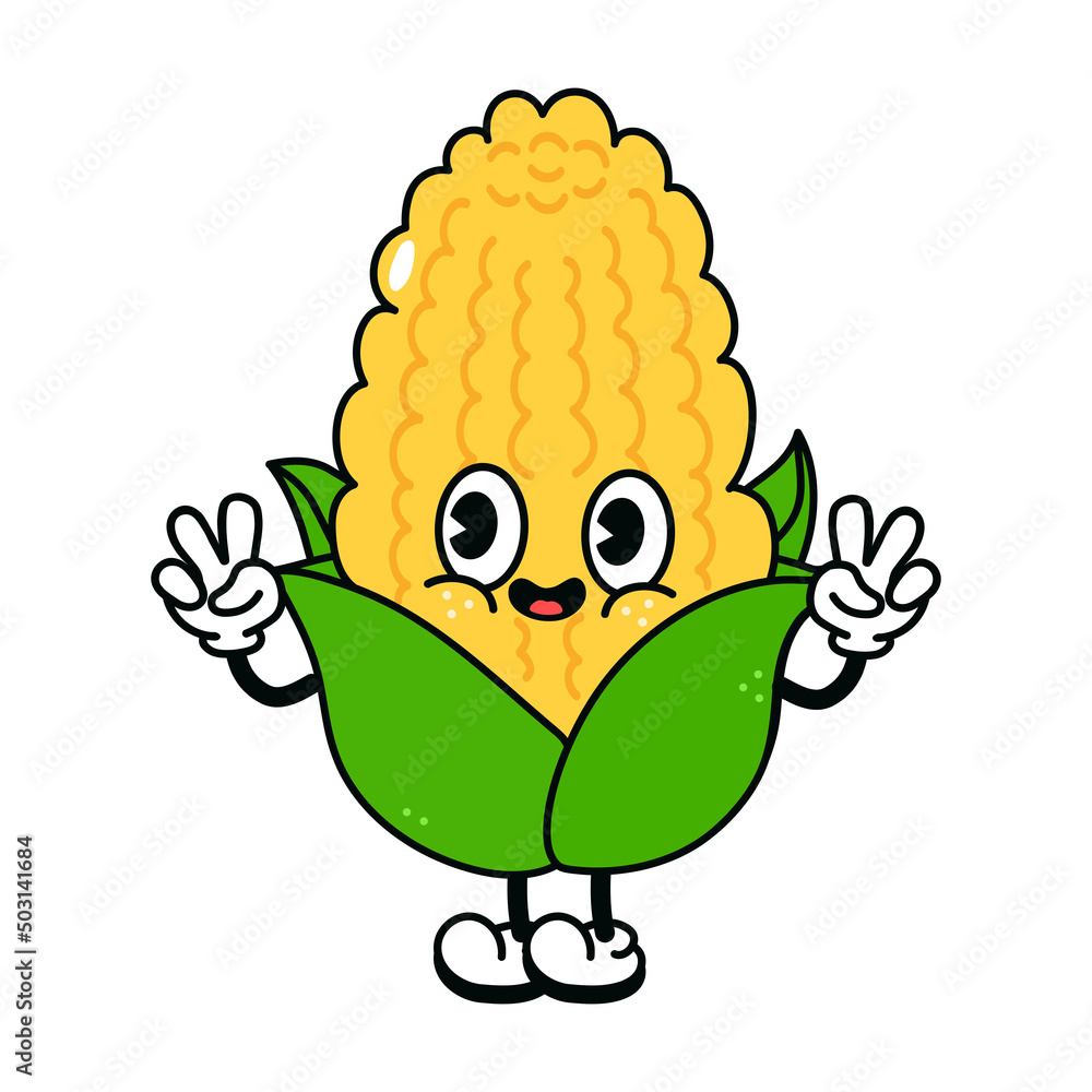 Cute funny corn waving hand character. Vector hand drawn traditional ...