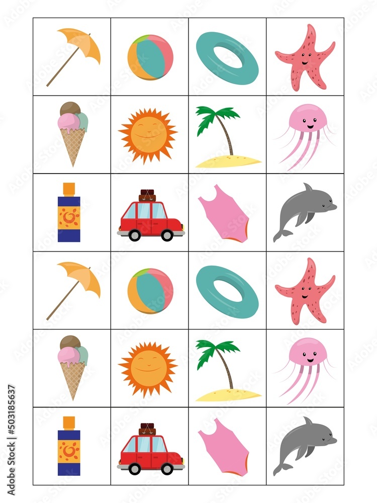 Summer memory game cards with cute beach objects. Matching activity ...