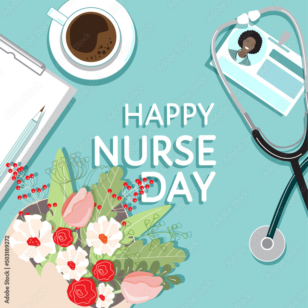 Happy Nurse Day 12 May holiday greeting, appreciation banner. Top view ...