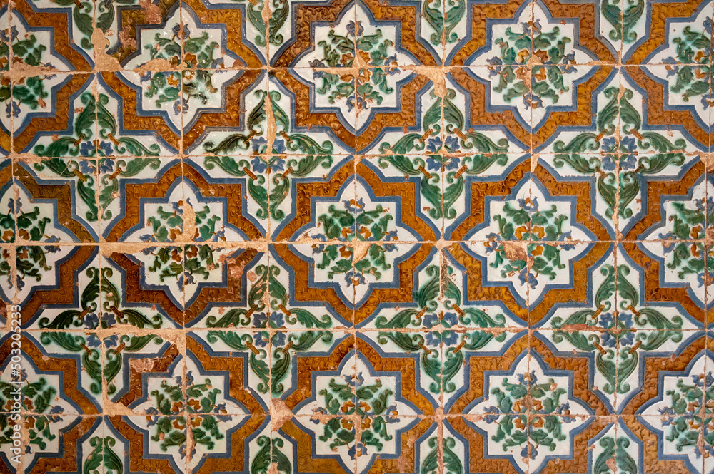 Ornamental medieval ceramic tiles of walls in Nasrid Palaces in the ...
