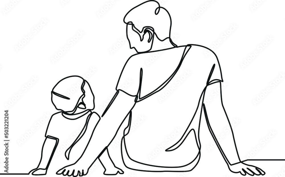Continuous one line drawing of father and son are sitting and relaxing ...