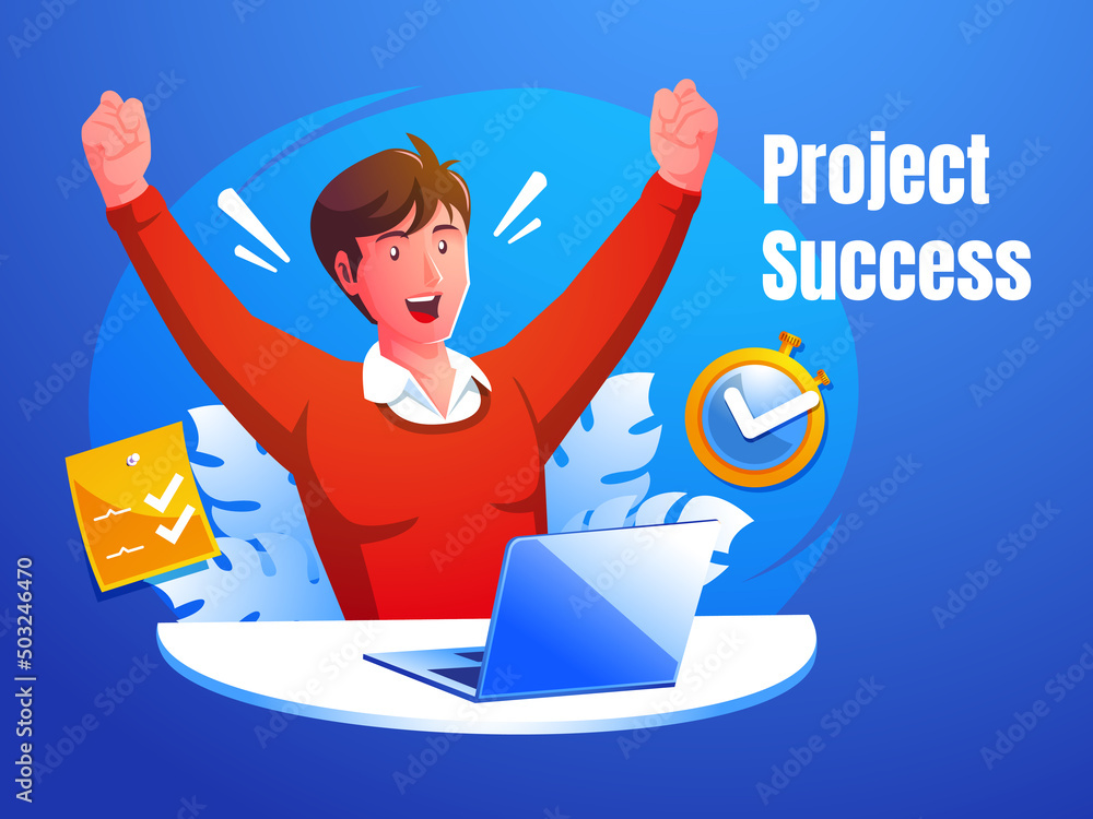Happy man completing task with hands raised at her workplace, Job well ...