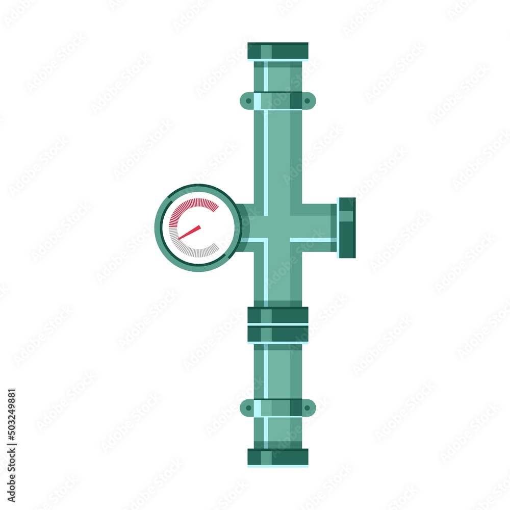 Broken metal pipe with pressure sensor, leakage of water. Vector ...