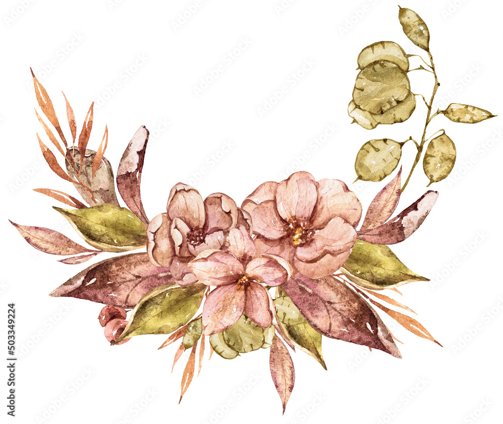 Ilustración de Stock Watercolor boho dried flower bouquet wreath ...