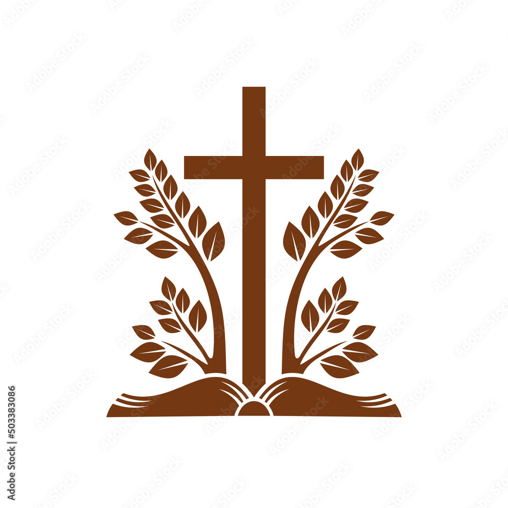 Christianity religion vector icon with cross and trees grow from open ...